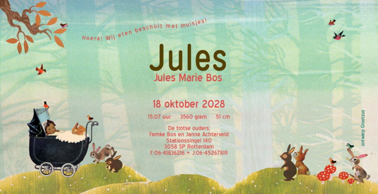 Geboortekaartje met kindje in vintage wagen in herfst park