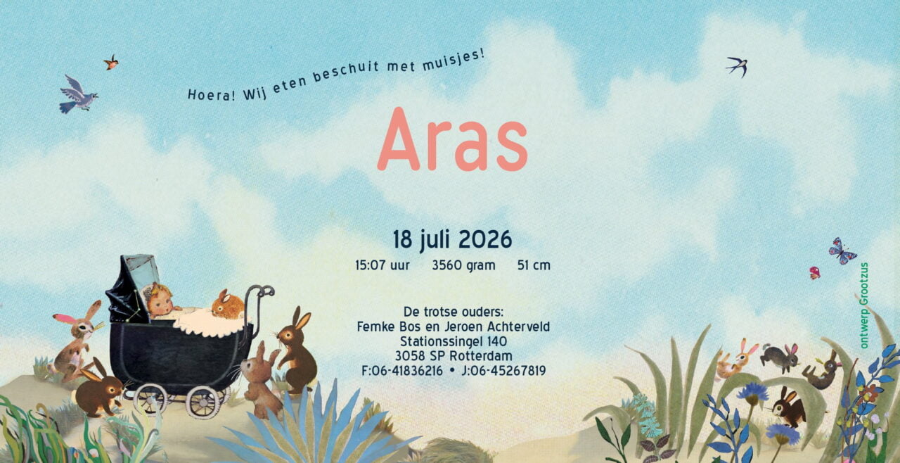 Geboortekaartje met kindje in vintage wagentje aan zee