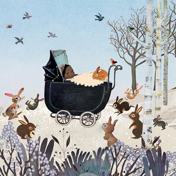 Geboortekaartje met kindje in vintage wagentje en konijntjes